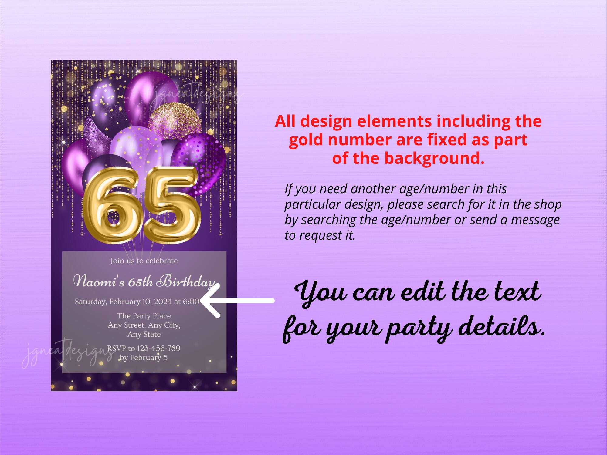 65th Birthday Invitation, Purple Birthday Invite, Canva Template, Sixty ...