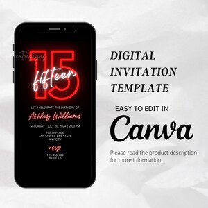 Red 15th Birthday Digital Invite, Teen Birthday Party Girl and Boy ...