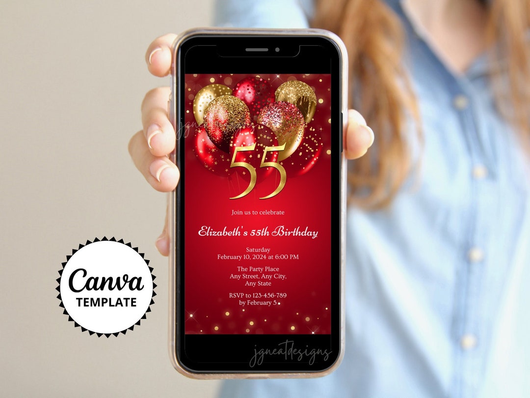 Red and Gold Birthday Invite 55th Birthday Digital - Etsy