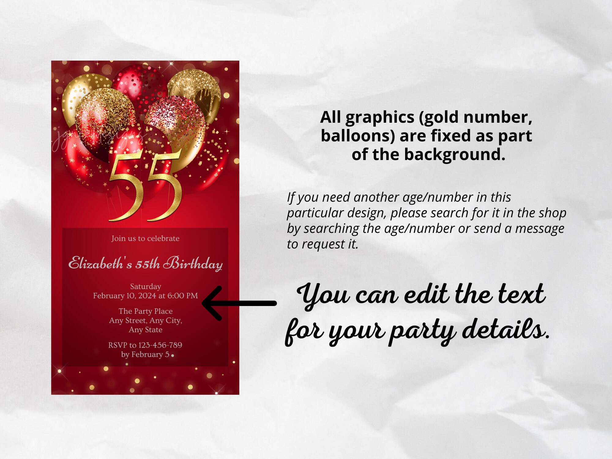 Red and Gold Birthday Invite 55th Birthday Digital - Etsy