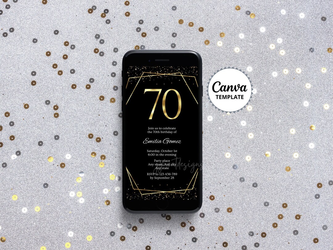 70th Birthday Digital Invitation, Canva Editable Template, Seventieth ...