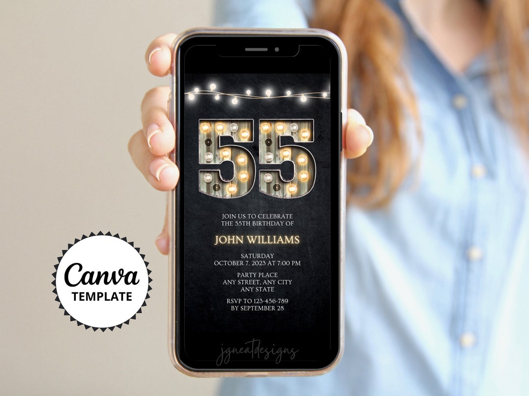 55th Birthday Phone Invitation, Text Evite for Male Birthday, Canva ...