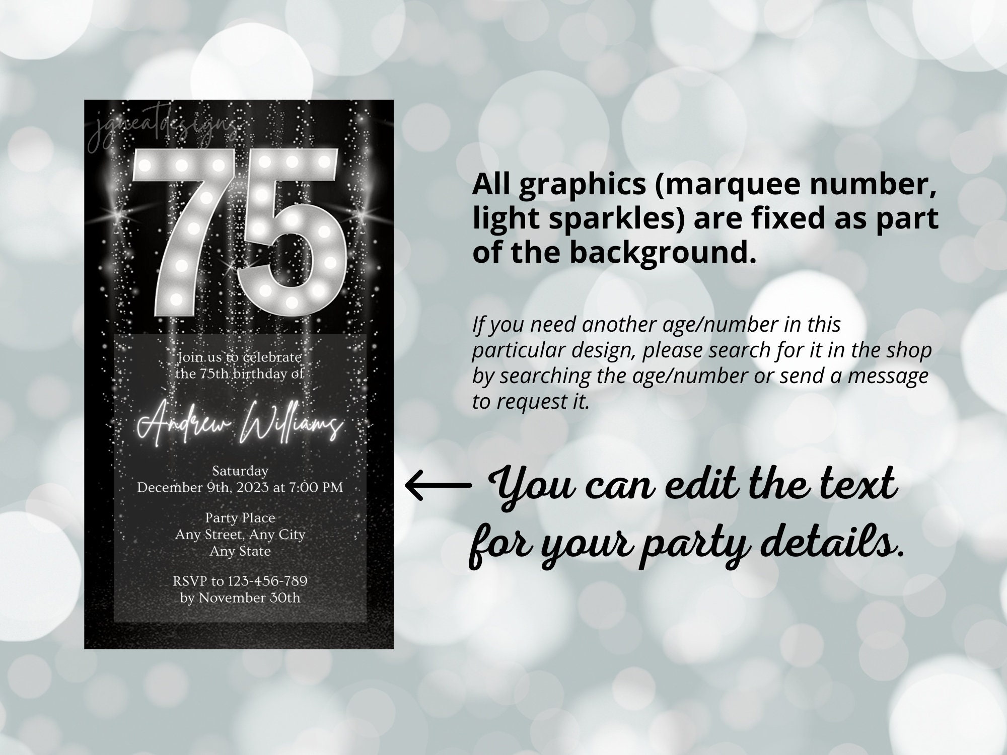75th Birthday Silver Digital Invitation, Electronic Black Silver White ...