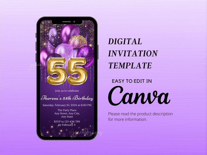 55th Birthday Invitation Purple Birthday Invite Canva - Etsy