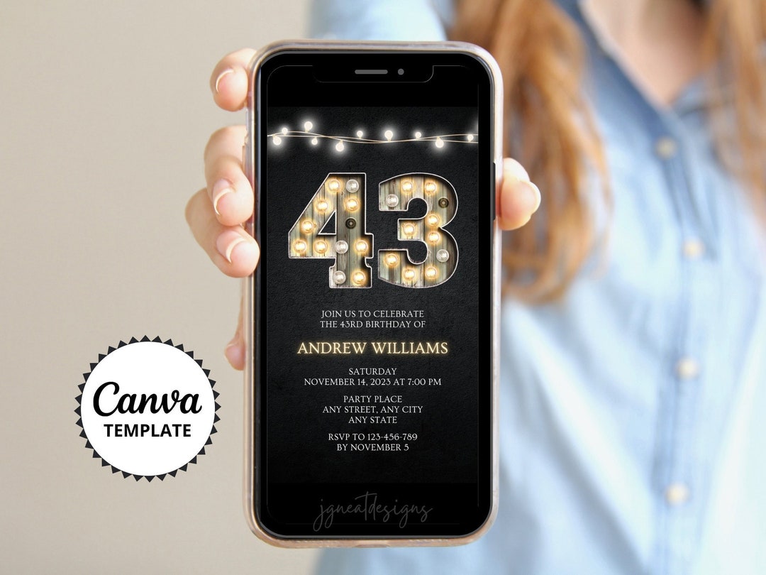 43rd Birthday Party Invitation, Digital Invitation for Men, Canva ...