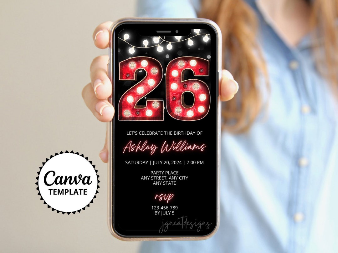 Digital 26th Birthday Invitation, Adult Birthday Invite, Red Marquee ...