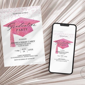 Graduation Party Printable Invitation, Pink Glitter Canva Template ...