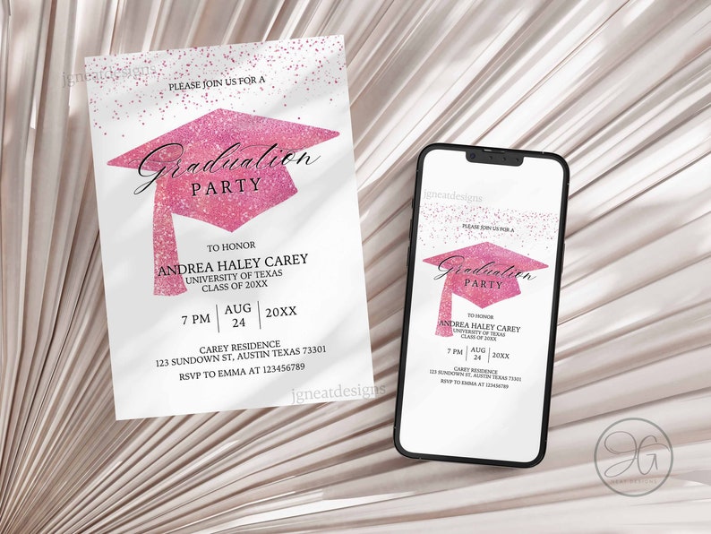 Graduation Party Printable Invitation, Pink Glitter Canva Template ...
