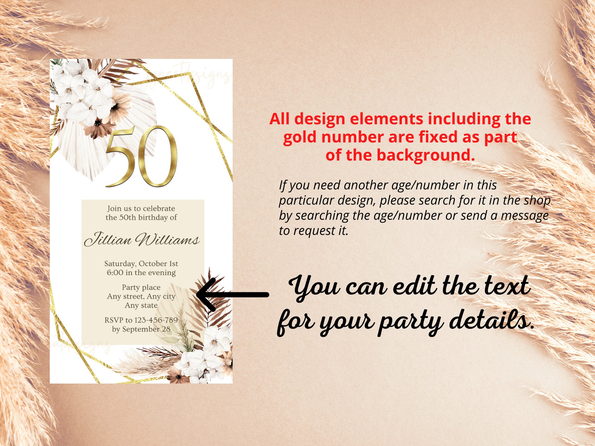 50th Birthday Text Invitation, Canva Template Editable, Digital ...
