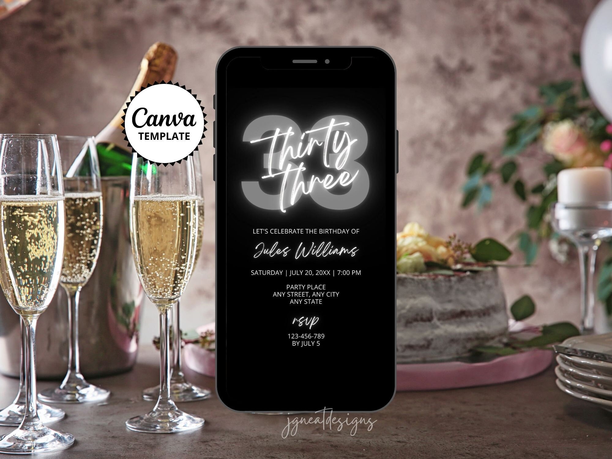 33rd Birthday Gray Black Invitation, Digital Men's Birthday Dinner Neon ...