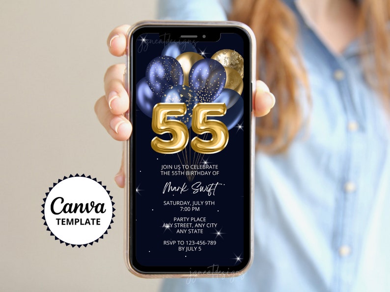 55th Birthday Digital Invitation, Electronic Invite, Mobile Phone ...