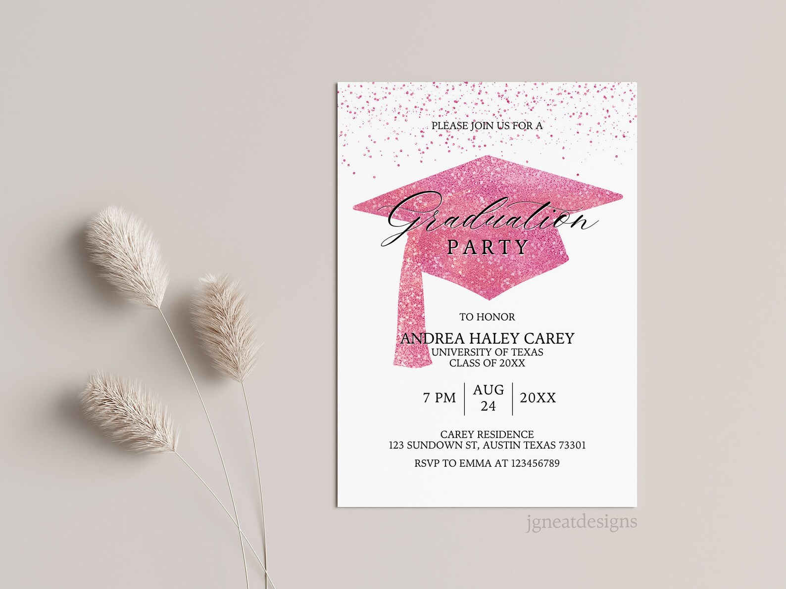Graduation Party Printable Invitation, Pink Glitter Canva Template ...