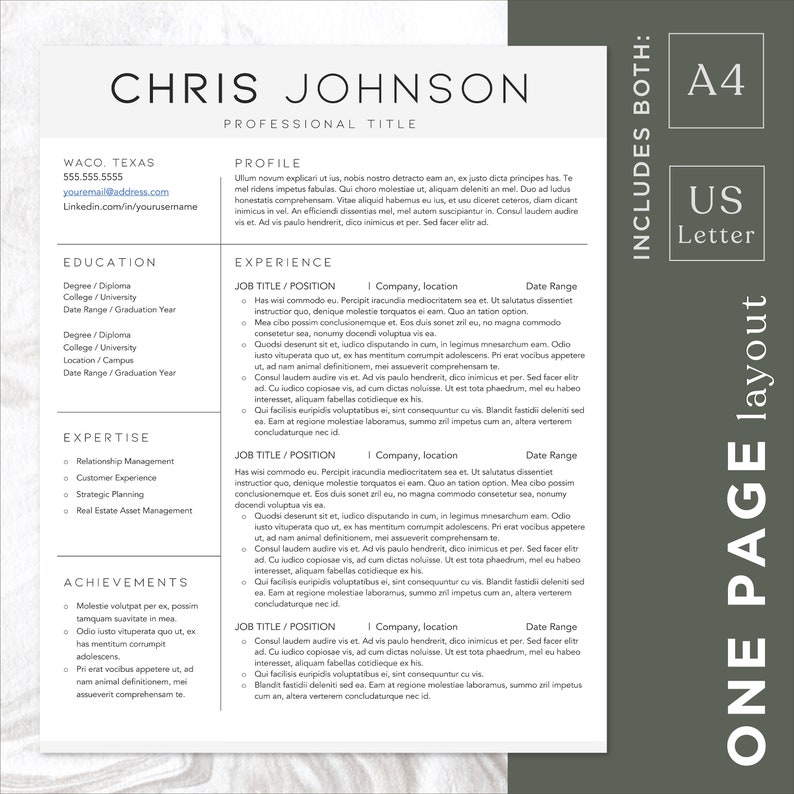 One Page Resume Template Professional CV Template Simple Resume Clean ...