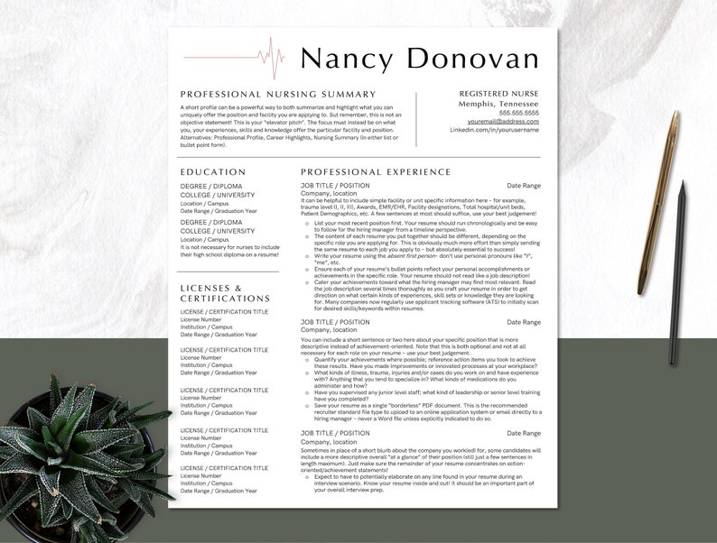 Nurse Resume Template Nursing Resume, CV Template, Medical Resume, RN ...