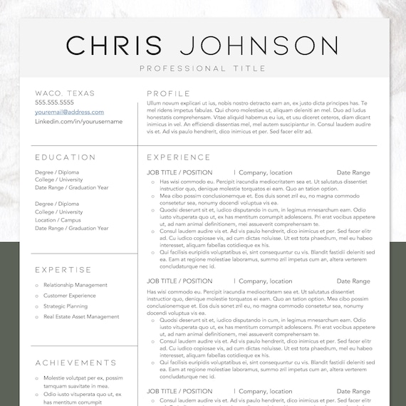 One Page Resume Template Professional CV Template Simple | Etsy