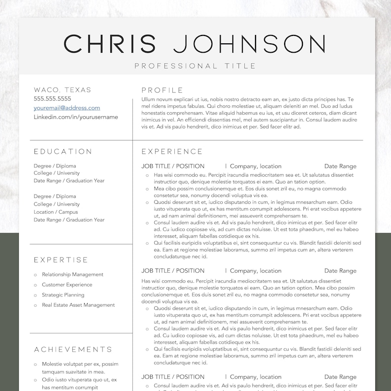 One Page Resume Template Professional CV Template Simple Resume Clean ...