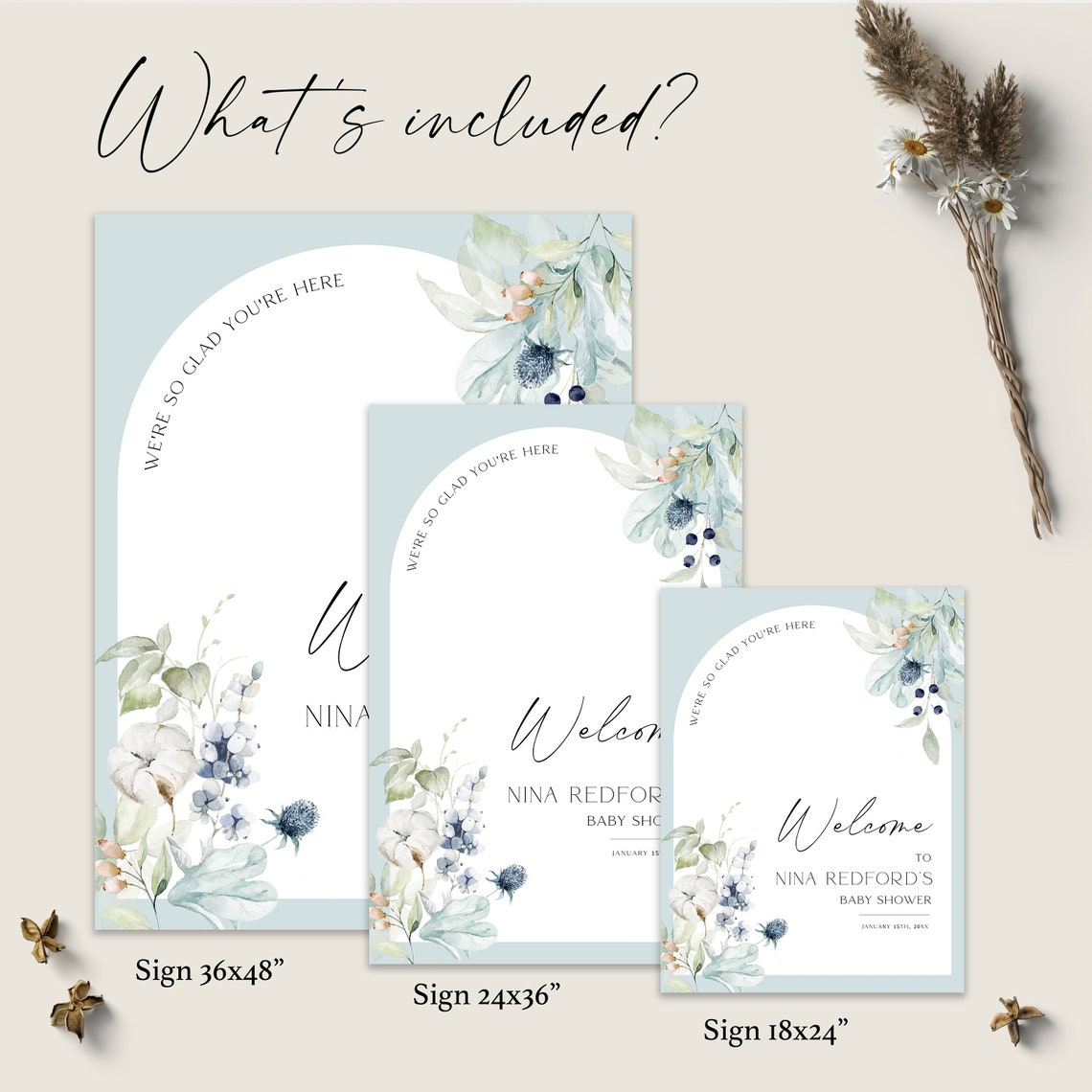 NINA - Dusty Blue Baby Shower Welcome Sign, Editable Boho Welcome Sign ...