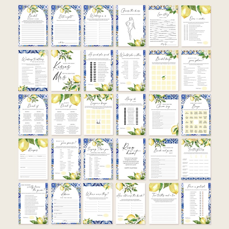 ALICIA - Blue Tiles and Lemons Bridal Shower Games Bundle, Editable ...