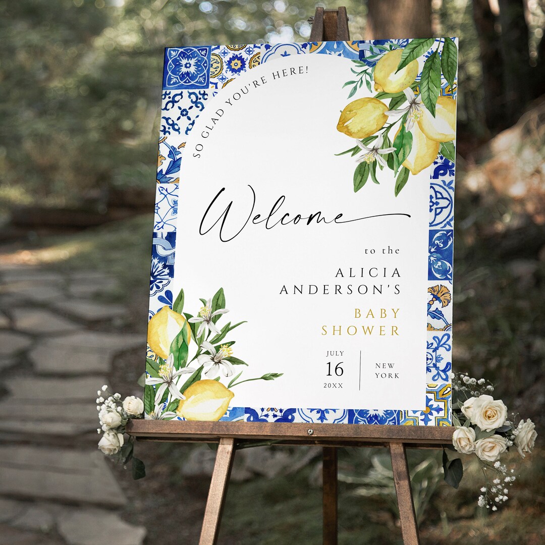 ALICIA - Blue Tiles and Lemons Baby Shower Welcome Sign, Editable ...