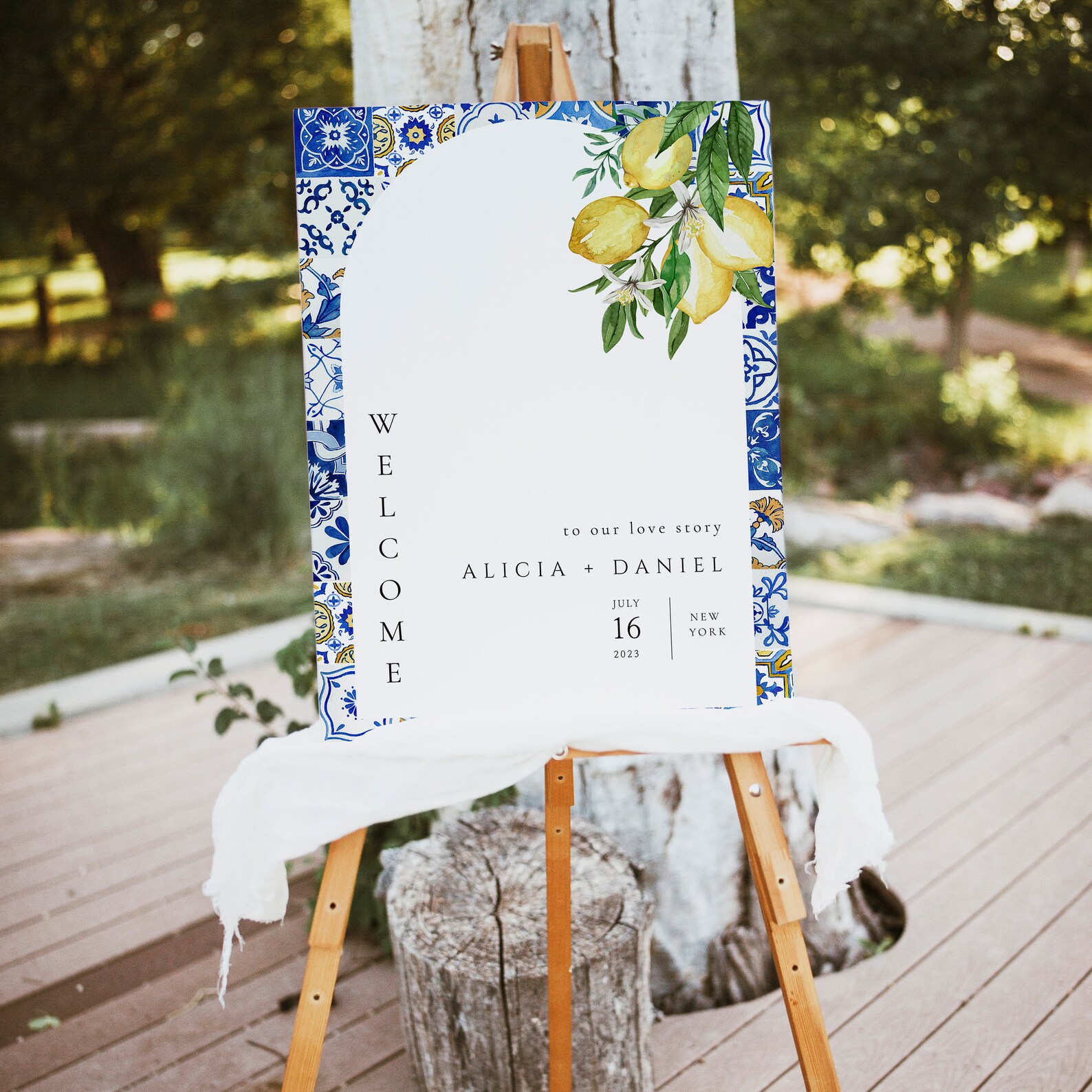 ALICIA - Blue Tiles and Lemons Wedding Welcome Sign Template, Editable ...