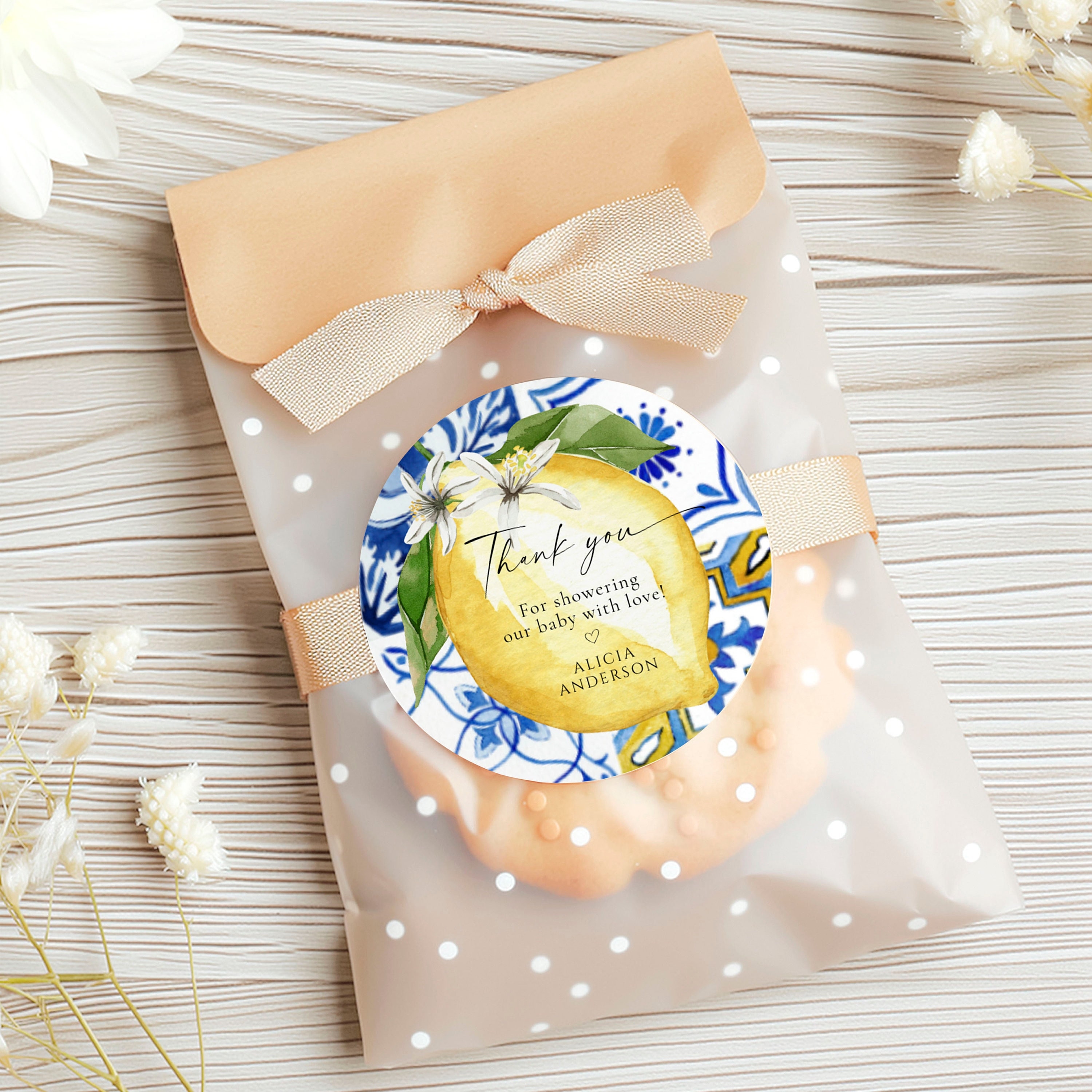 ALICIA - Blue Tiles and Lemons Baby Shower Round Sticker, Editable ...