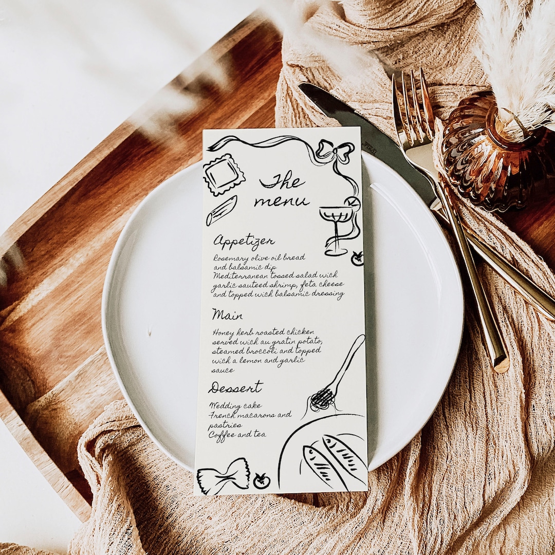 AMELIA - Wedding Menu Template, Editable Hand Drawn Menu, Handwritten ...