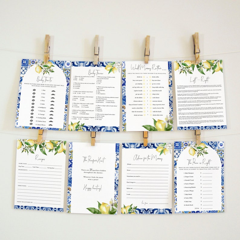 ALICIA - Blue Tiles and Lemons Baby Shower Games Bundle, Editable ...