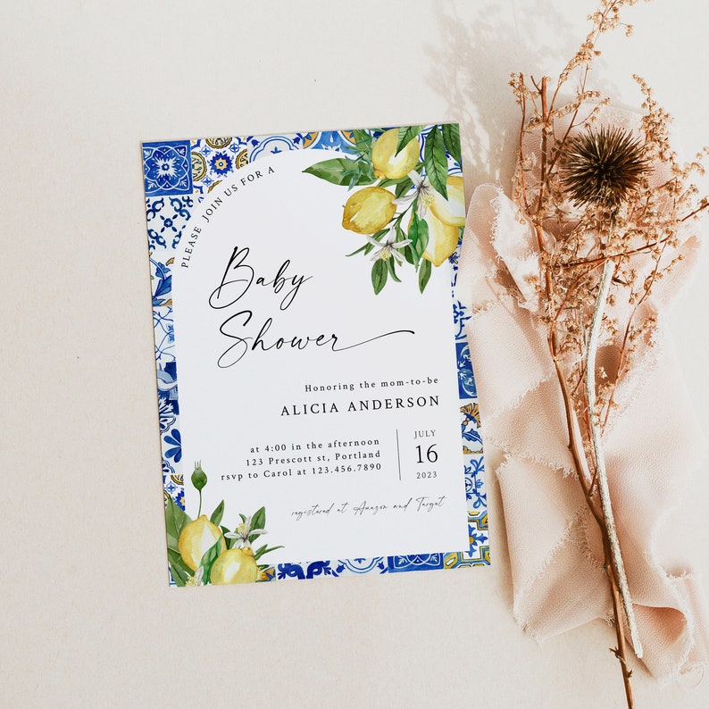 ALICIA - Blue Tiles and Lemons Baby Shower Invitation, Editable Italian ...