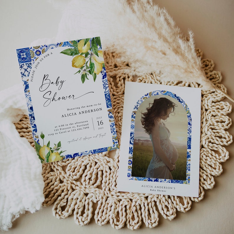 ALICIA - Blue Tiles and Lemons Baby Shower Invitation, Editable Italian ...