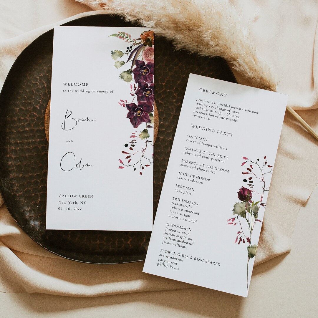 Burgundy Floral Wedding Program Template, Printable Boho Order of ...