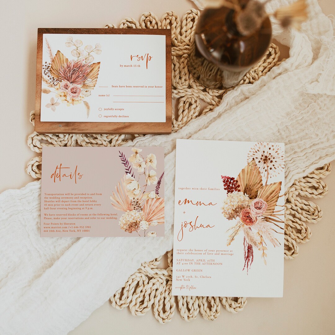 EMMA Boho Wedding Invitation Template Set, Pampas Grass Wedding Suite ...