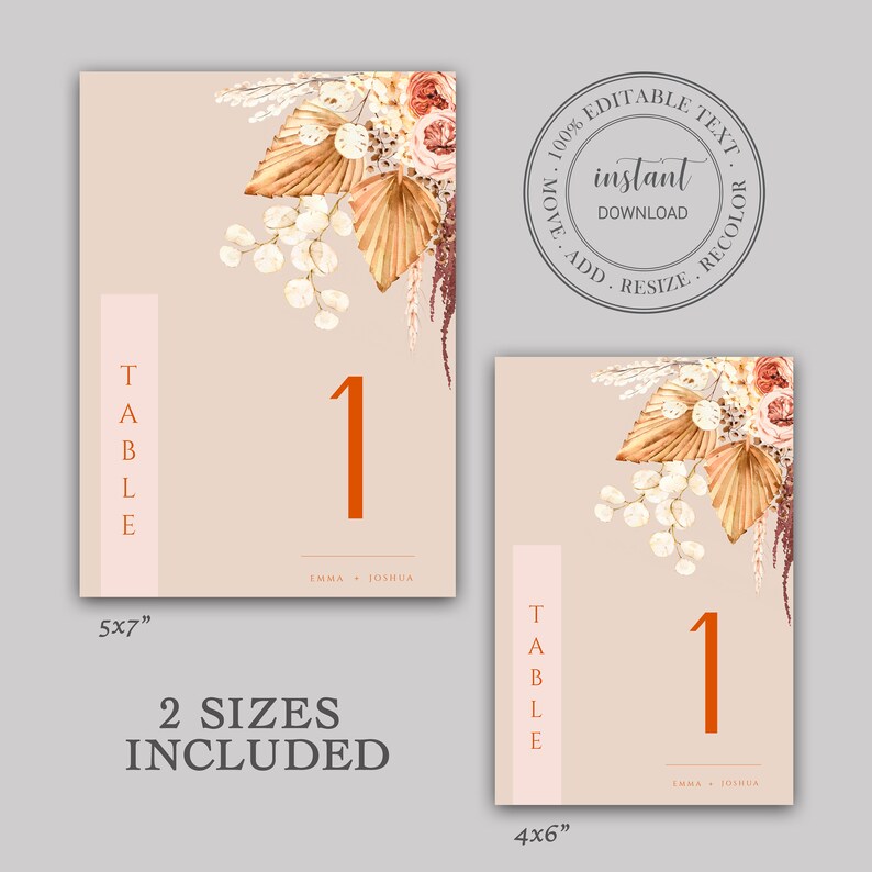 EMMA Boho Wedding Table Number Template, Pampas Grass Wedding Table ...