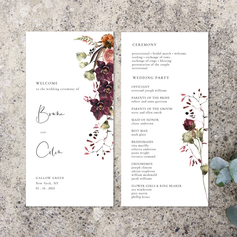 Burgundy Floral Wedding Program Template Printable Boho Order - Etsy