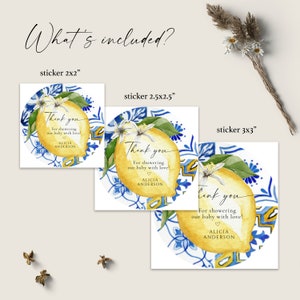 ALICIA - Blue Tiles and Lemons Baby Shower Round Sticker, Editable ...