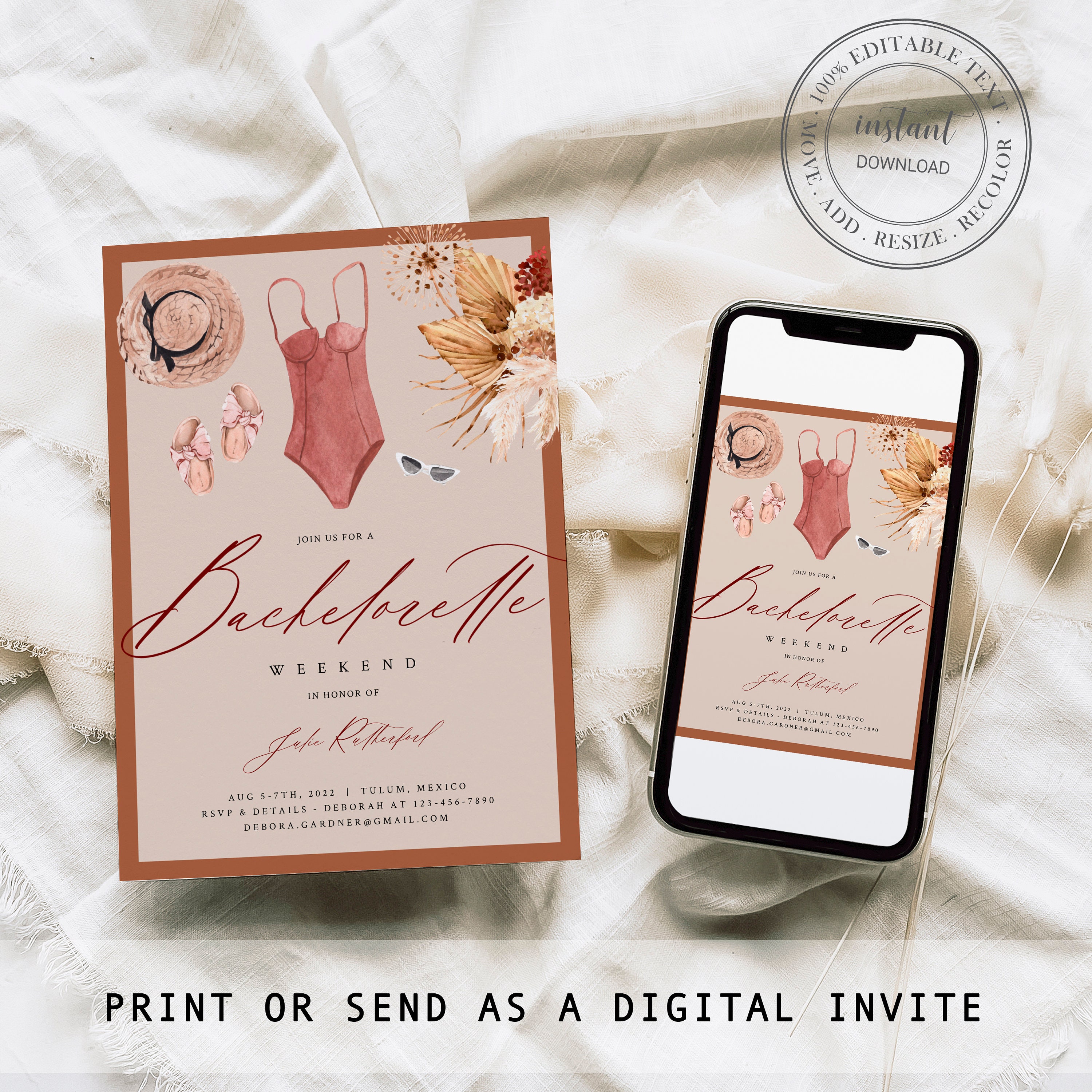 Julia Swim Bachelorette Invitation And Itinerary Template Boho Beach