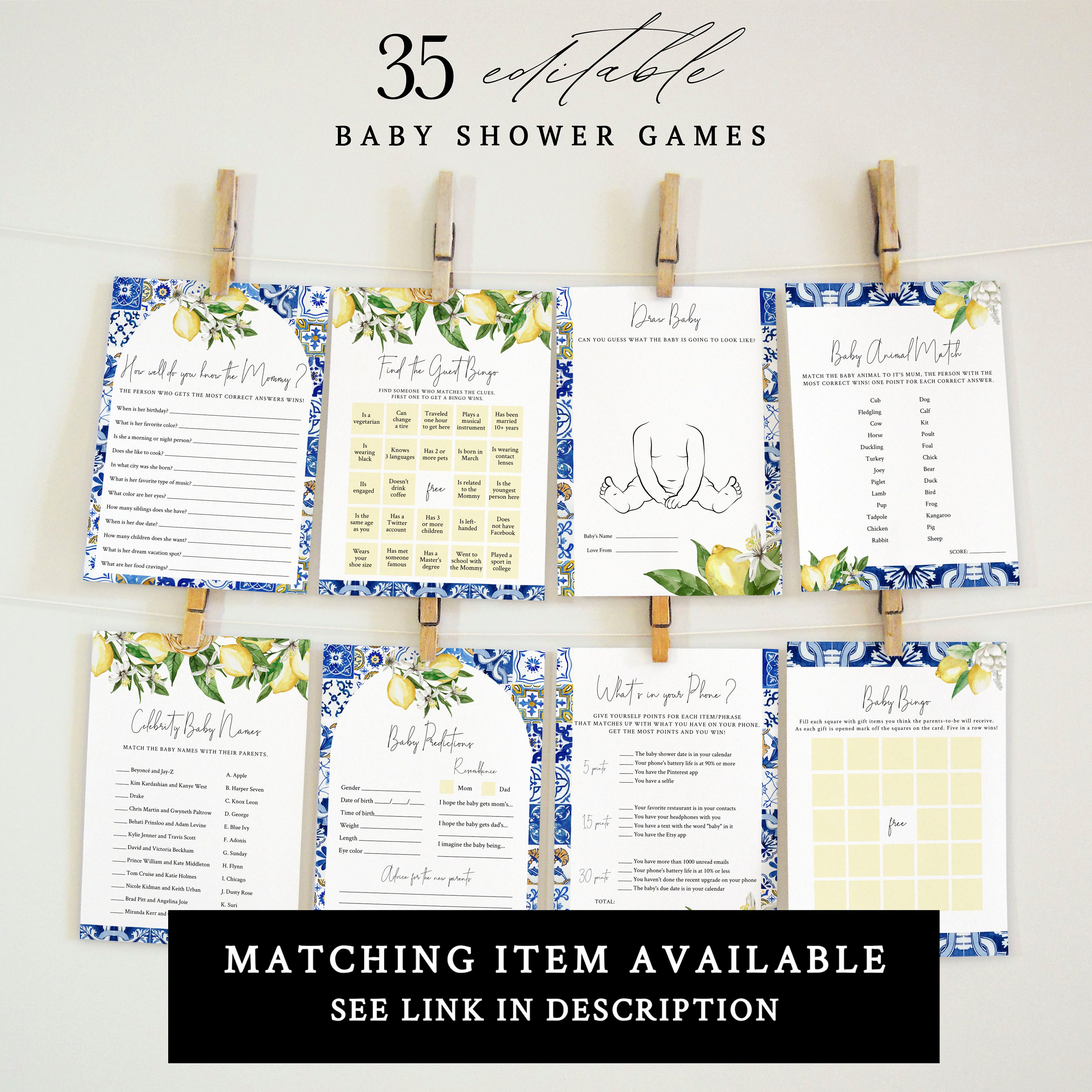 ALICIA - Blue Tiles and Lemons Baby Shower Round Sticker, Editable ...