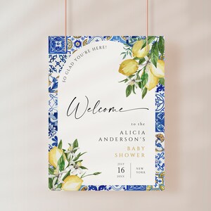 ALICIA - Blue Tiles and Lemons Baby Shower Welcome Sign, Editable ...