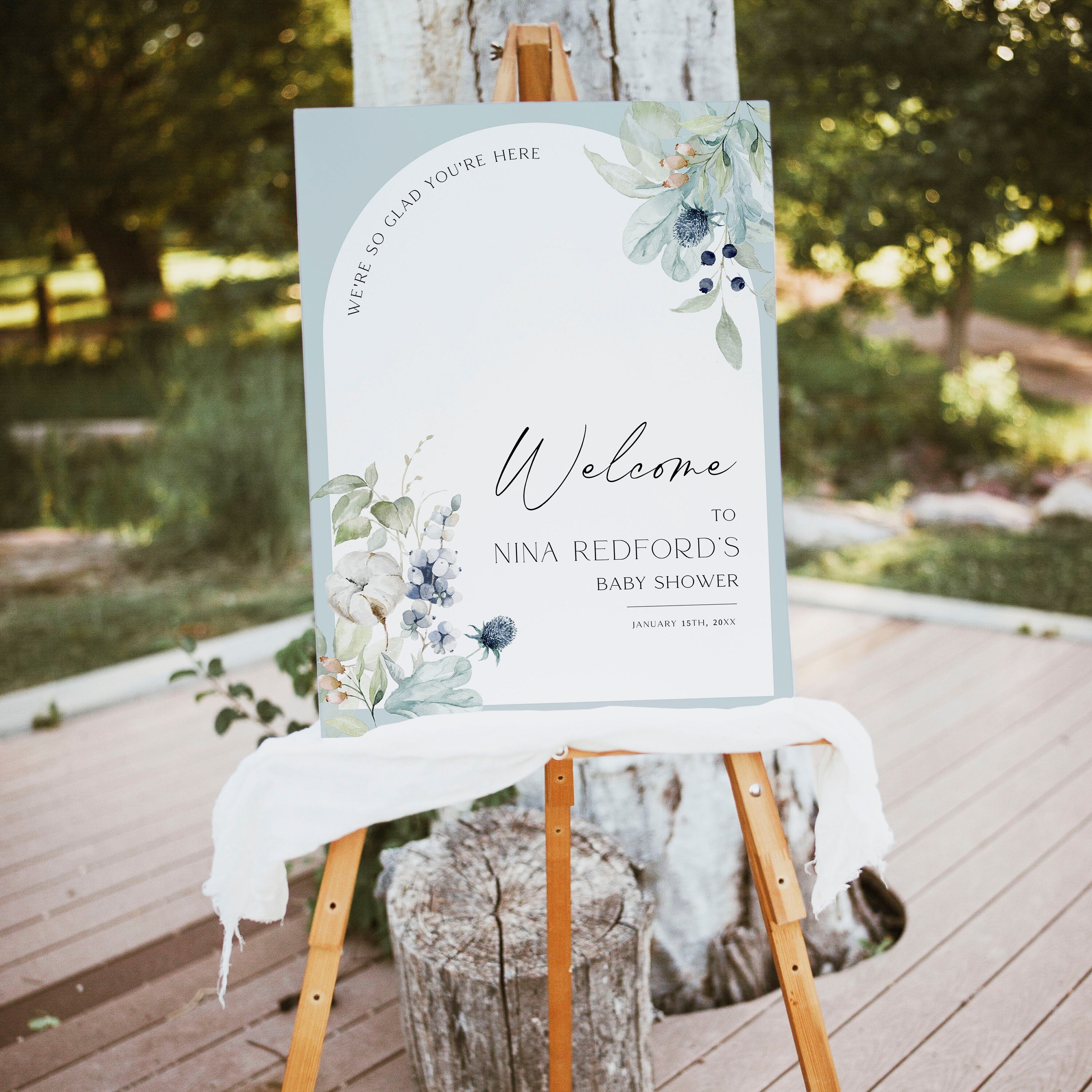 NINA - Dusty Blue Baby Shower Welcome Sign, Editable Boho Welcome Sign ...