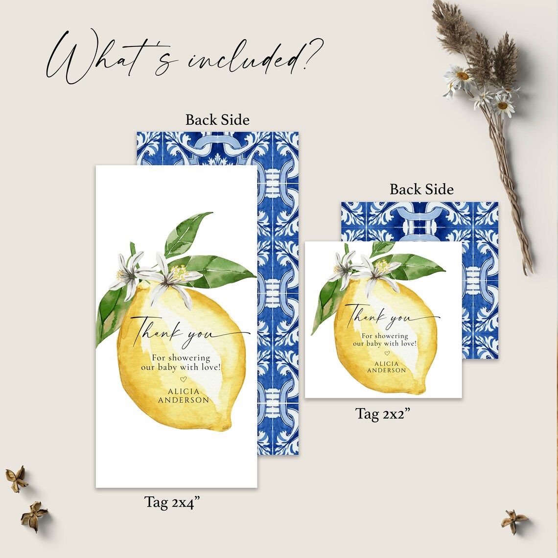 ALICIA Blue Tiles and Lemons Baby Shower Favor Tag Editable - Etsy