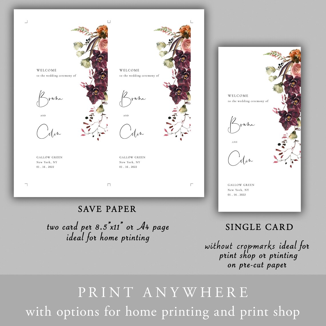 Burgundy Floral Wedding Program Template Printable Boho Order | Etsy