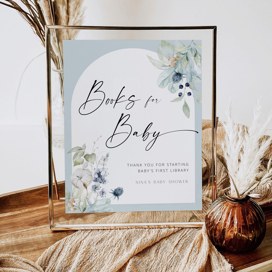 NINA - Dusty Blue Floral Books for Baby Sign Template, Editable Winter ...
