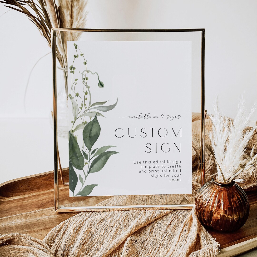 SAFIRA - Greenery Custom Sign Template, Editable Eucalyptus Table Sign ...