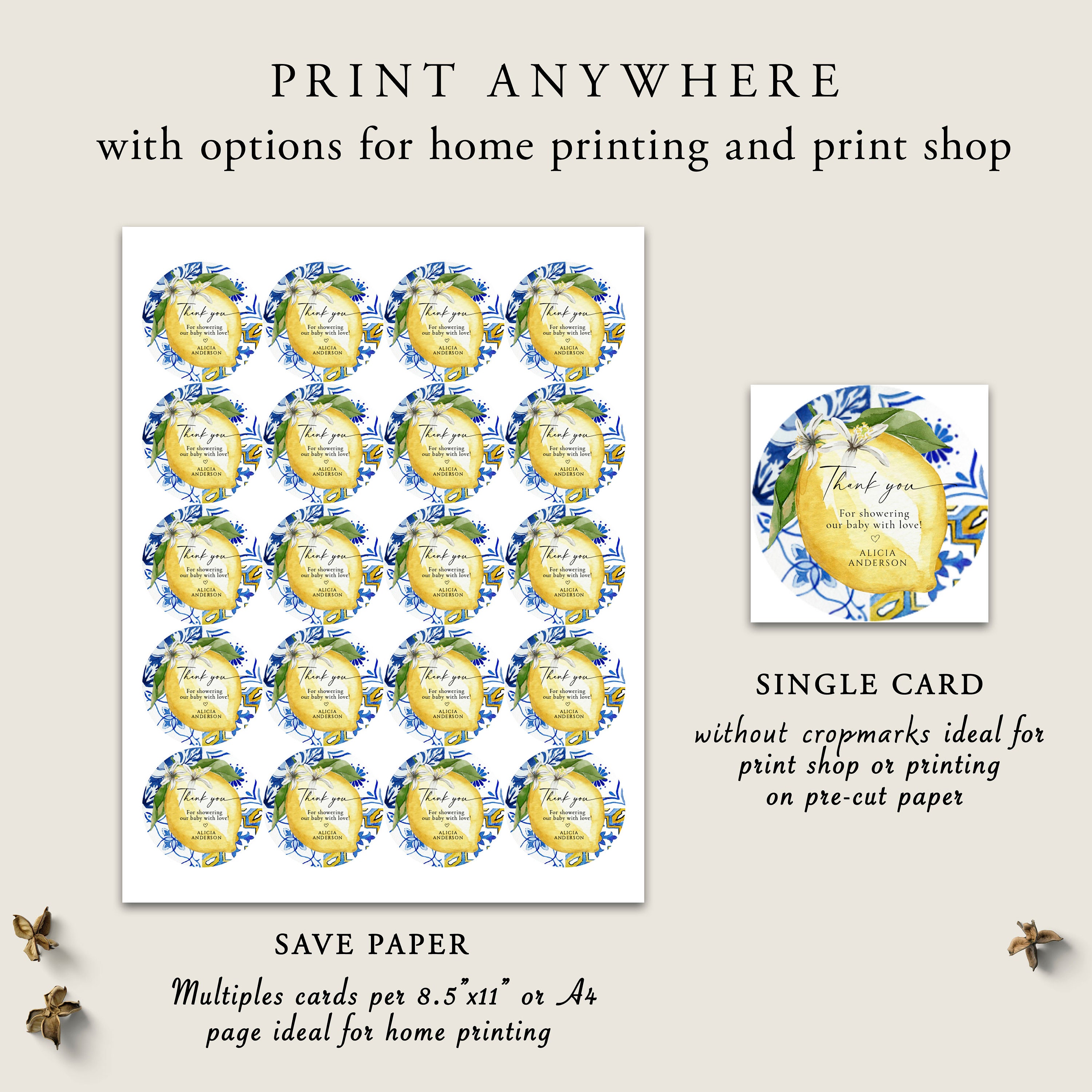 ALICIA - Blue Tiles and Lemons Baby Shower Round Sticker, Editable ...