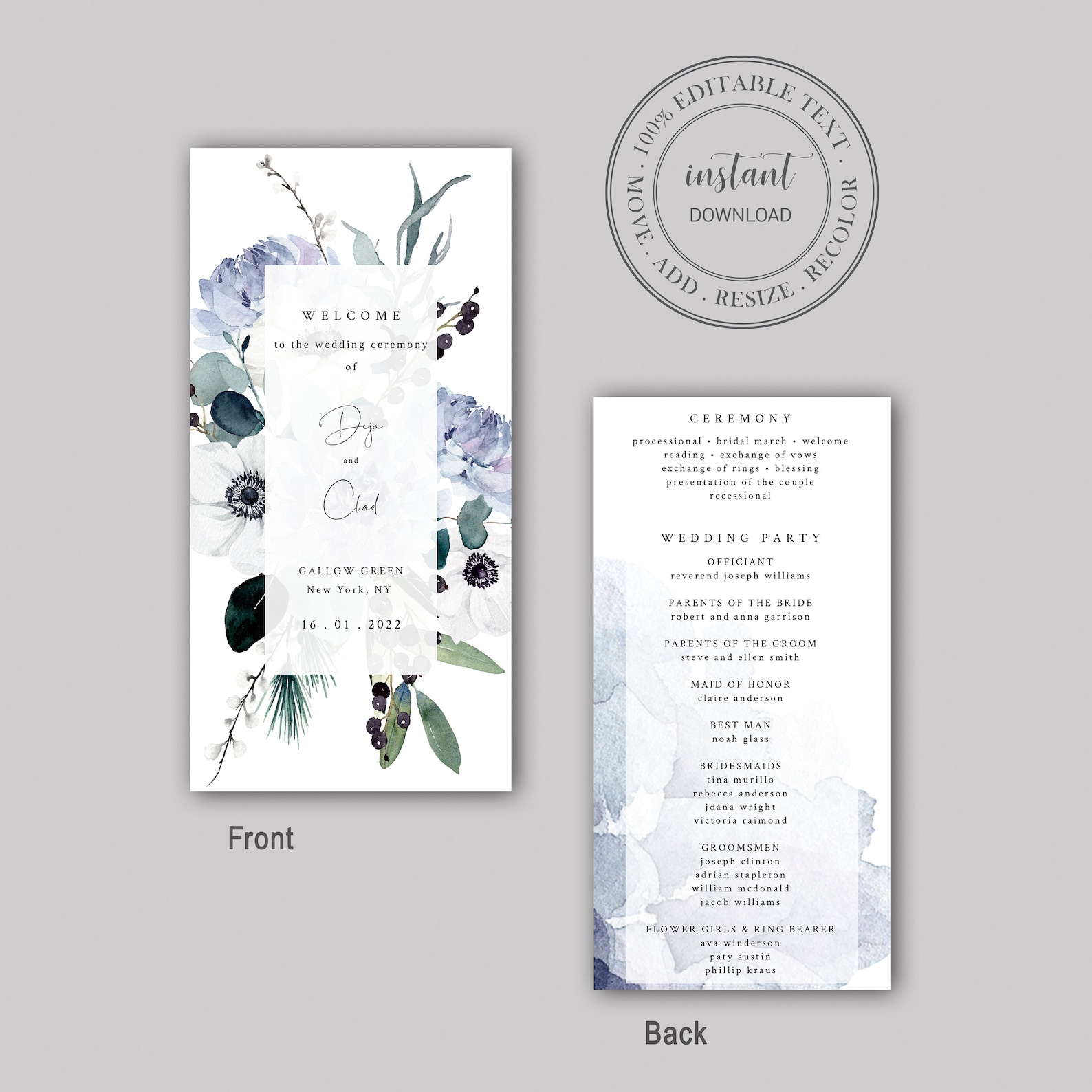 Dusty Blue Wedding Program Template Winter Blue Floral Anemone | Etsy