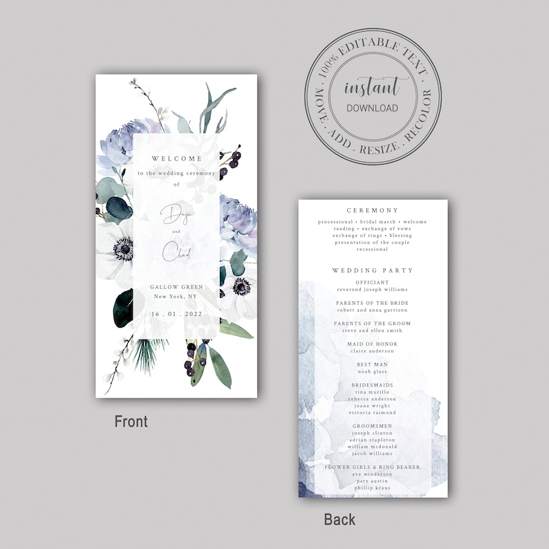 Dusty Blue Wedding Program Template Winter Blue Floral Anemone - Etsy