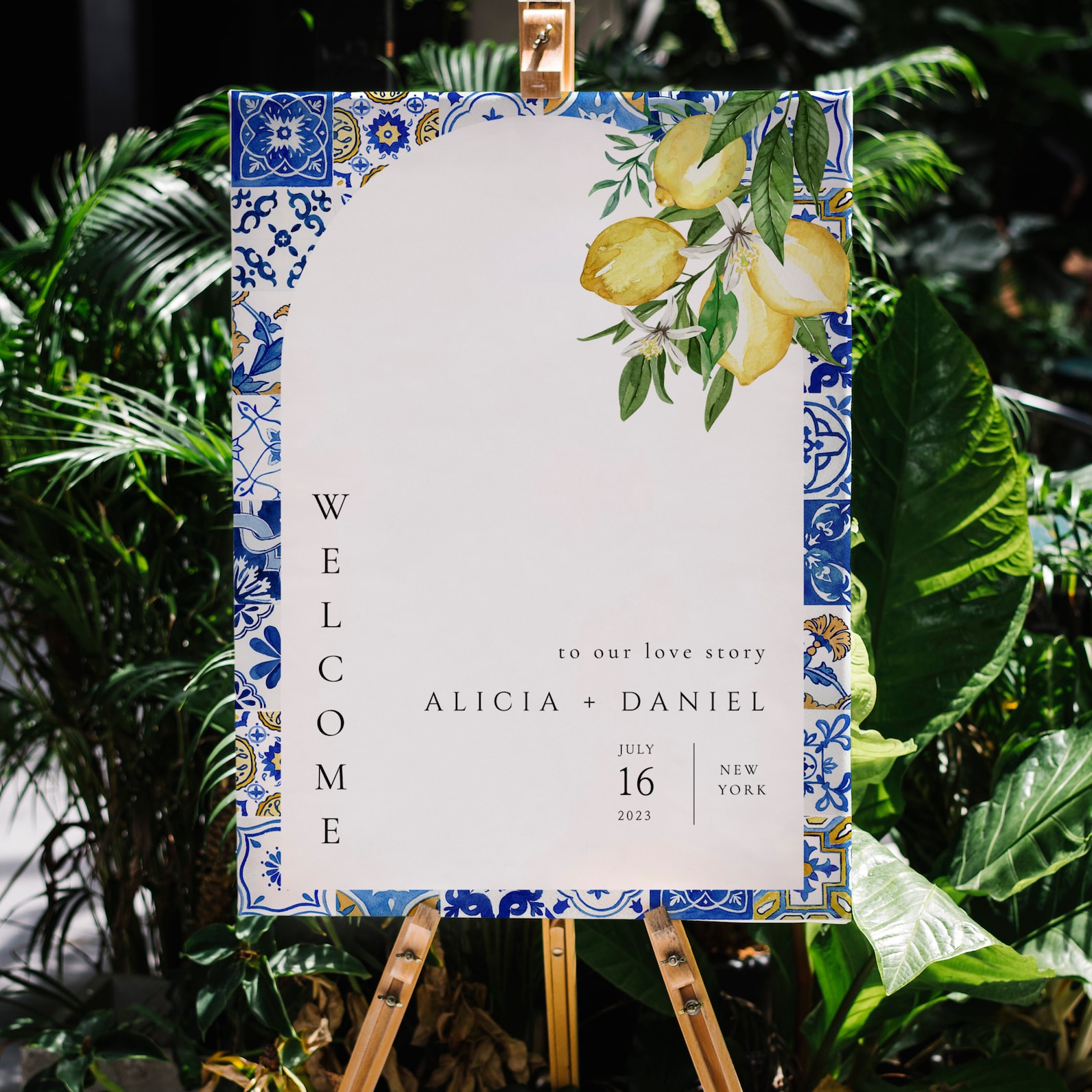 ALICIA Blue Tiles and Lemons Wedding Welcome Sign Template - Etsy