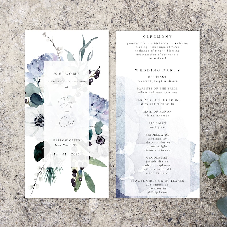 Dusty Blue Wedding Program Template Winter Blue Floral Anemone - Etsy