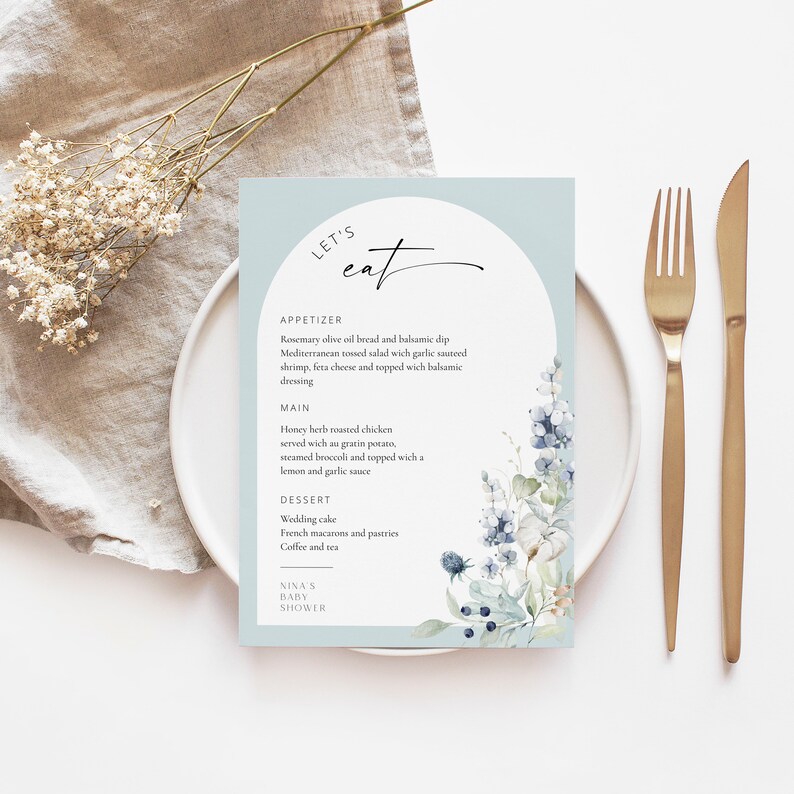 NINA - Dusty Blue Wedding Menu Template, Dusty Blue Baby Shower Menu ...