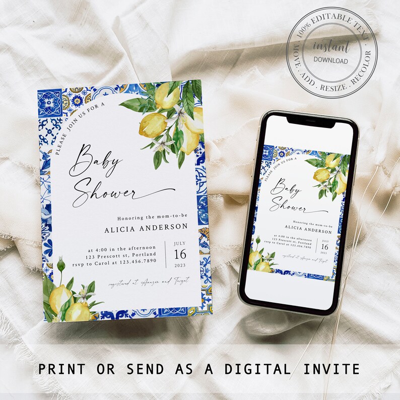 ALICIA - Blue Tiles and Lemons Baby Shower Invitation, Editable Italian ...