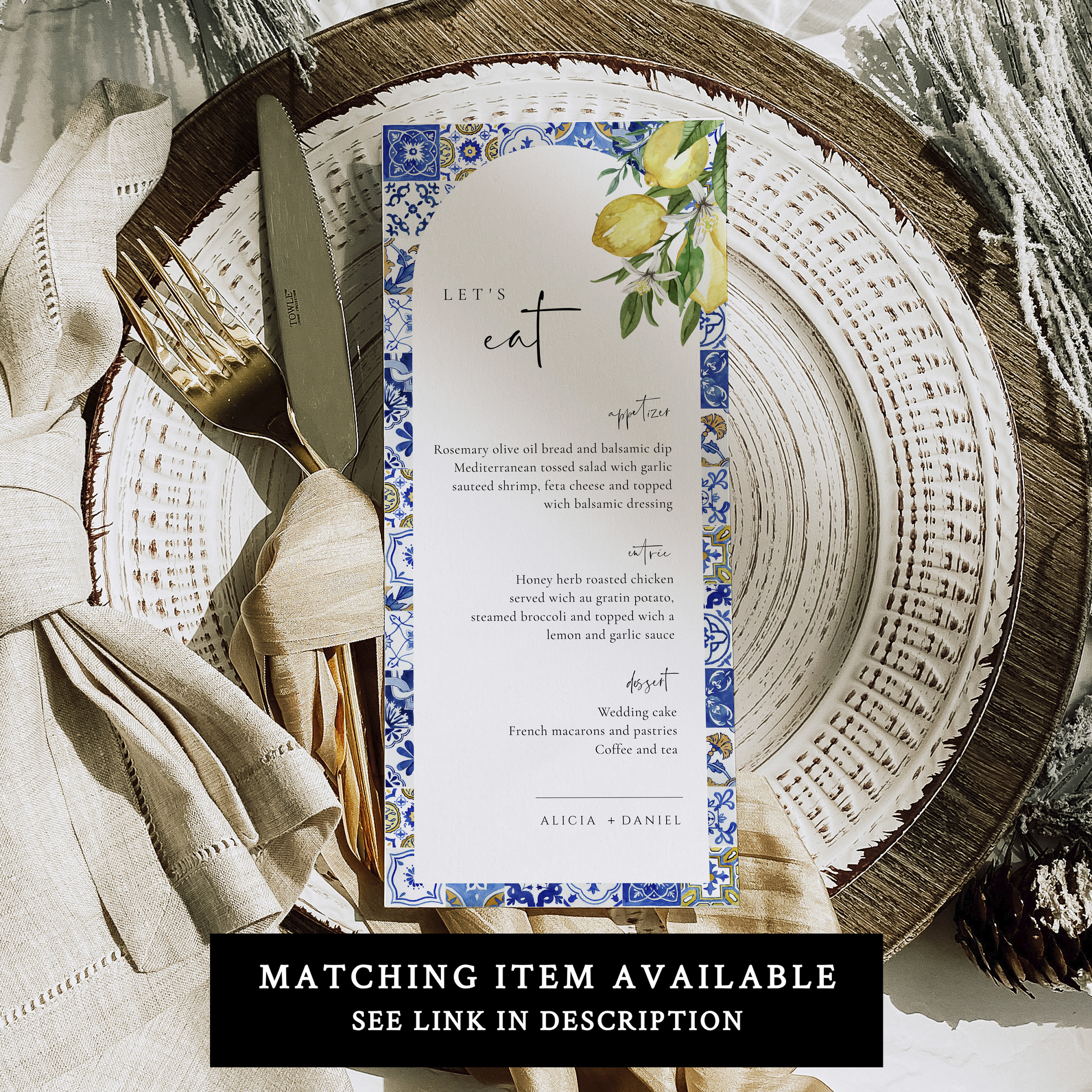 ALICIA - Blue Tiles and Lemons Custom Sign Template, Editable Arched ...